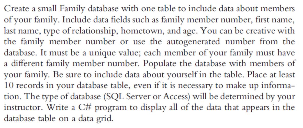 Solved Create a small Family database with one table to | Chegg.com